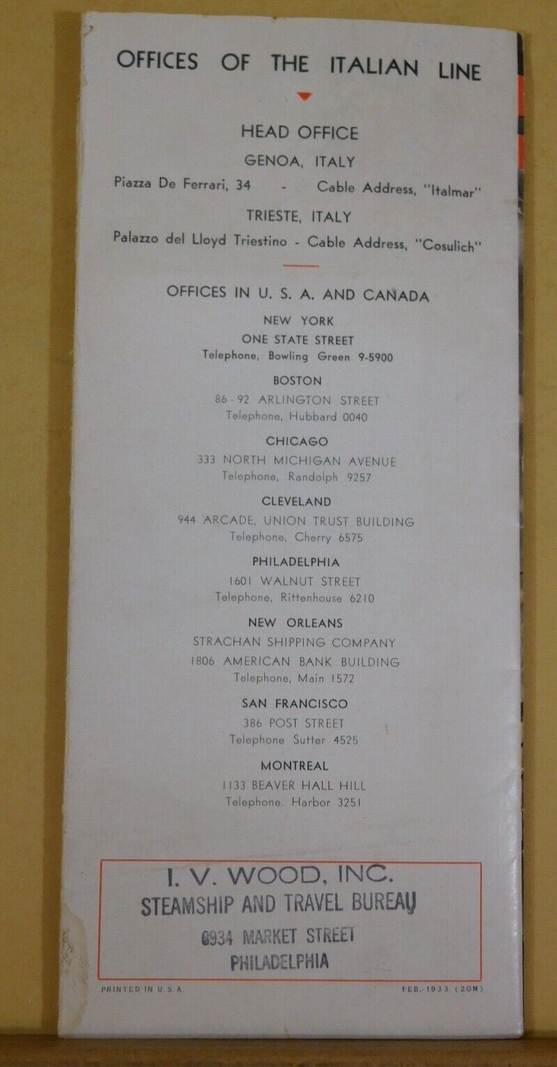 Italian Line Tourist Class Rates and Sailings 1933 Timetable ...