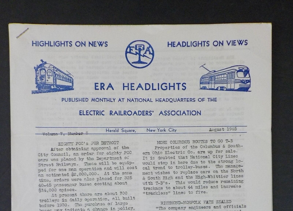 ERA Headlights 1945 August Stapled Eighty PCCs for Detroit ...