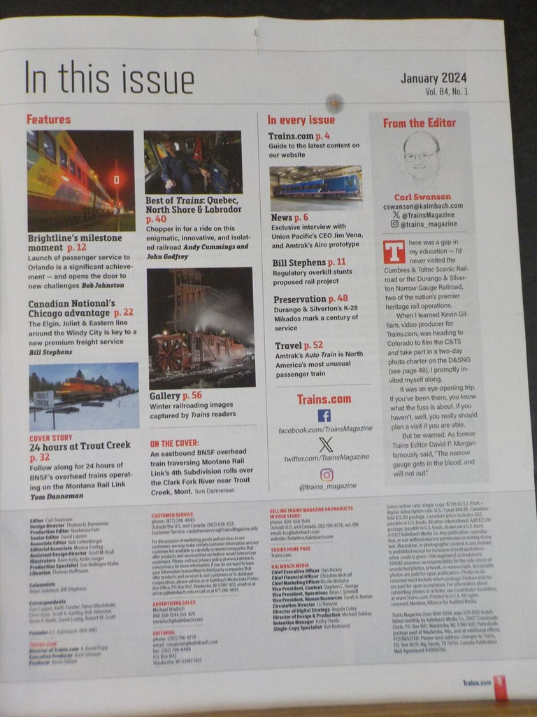 Trains Magazine 2024 January 24 Hours in Trout Creek Top of magazine c ...