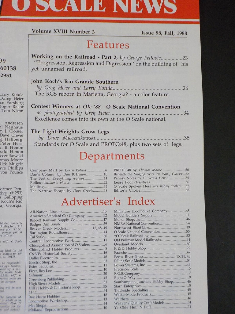 O Scale News #98 1988 Fall 48/ Ft Journal for 1/4" scale modelers ...