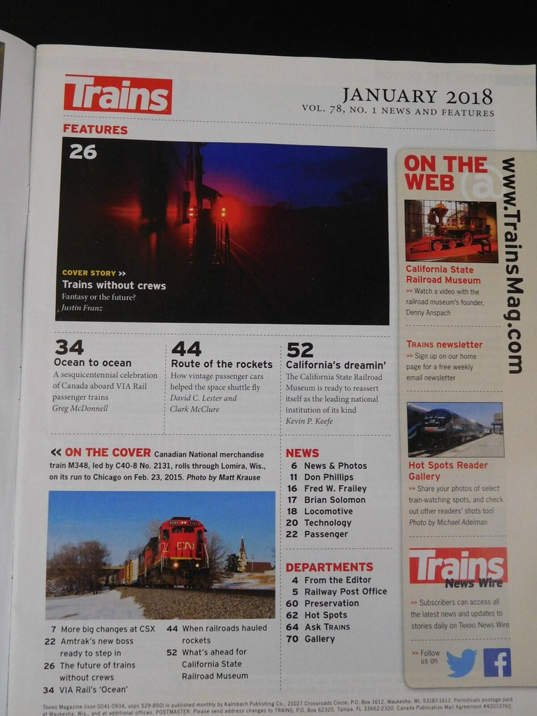 Trains Magazine 2018 January Hauling Rockets Trains w/out crews AMtrak ...