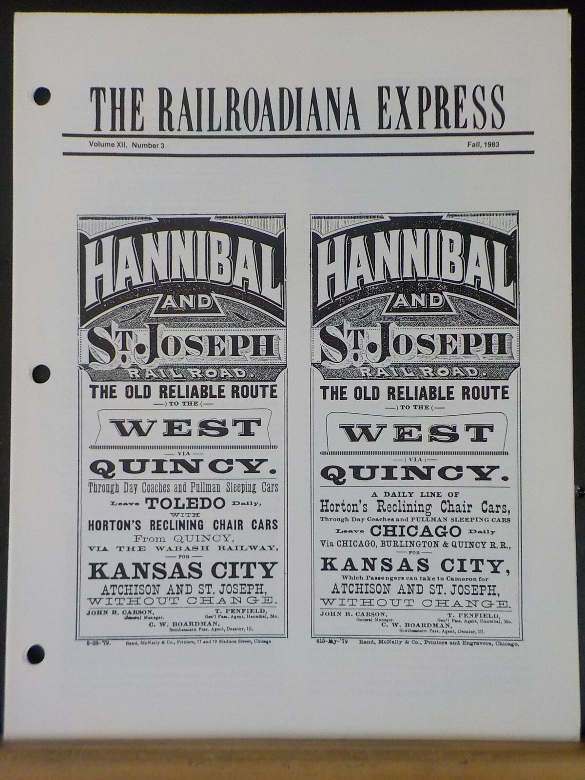 Railroadiana Express 1983 Fall Hannibal and St. Joseph Railroad Timeta ...