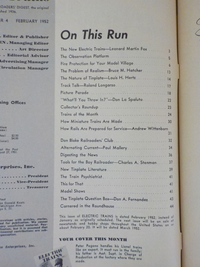 Electric Trains Magazine 1952 Feb Louis Hertz Observation Platform Fir ...