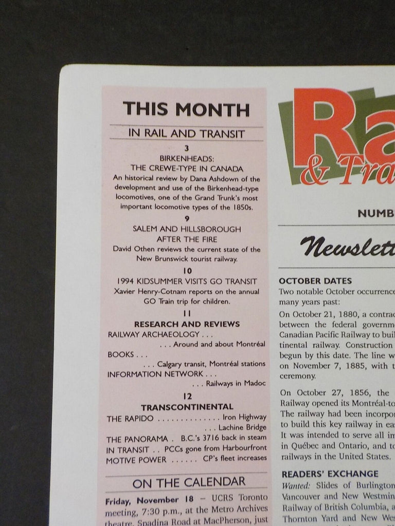 Rail and Transit #538 October 1994 Upper Canada Railway Soc newsletter ...