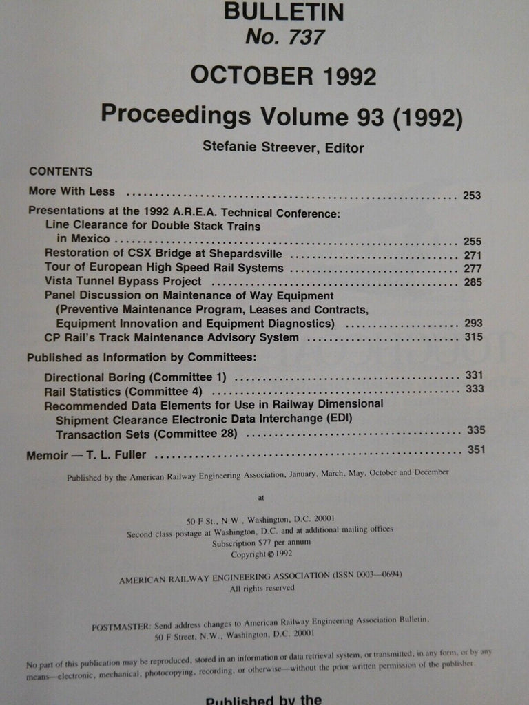 American Railway Engineering Association Bulletin 737 October 1992 Vol ...