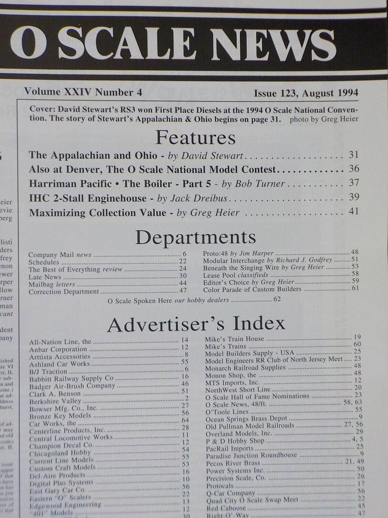 O Scale News #123 1994 August 48/ Ft Journal for 1/4" scale modelers ...