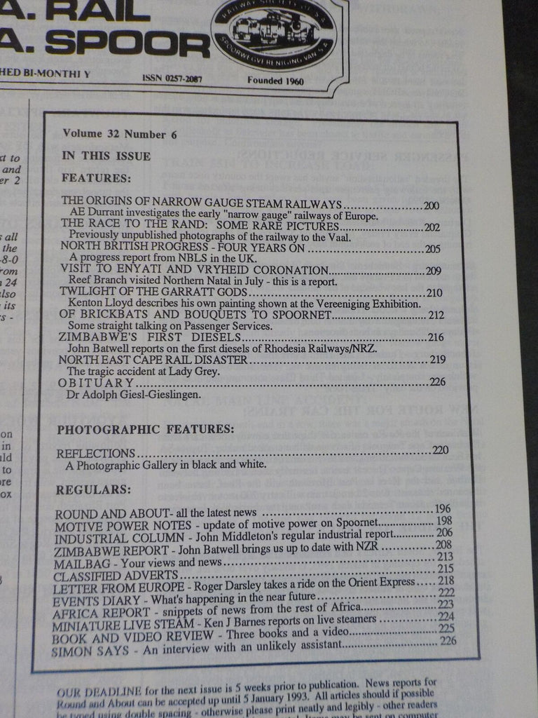 SA Rail SA Spoor 1992 November December Vol 32 No 6 Origins of narrow ...