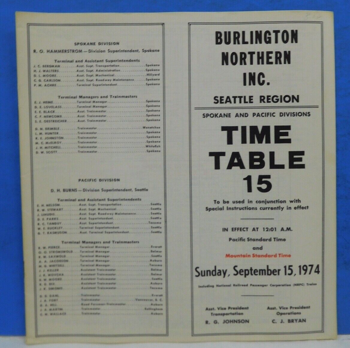 Burlington Northern employee timetable #15 1974 Seattle Region BN ETT ...