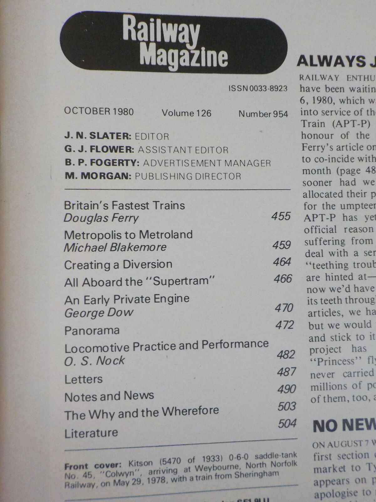 Railway Magazine 1980 October #954 Britain's Fastest Trains Metropolis ...