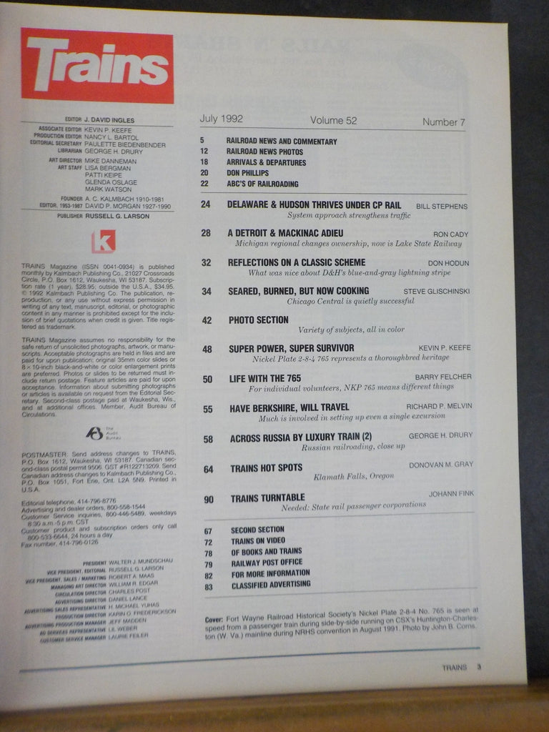 Trains Magazine 1992 July Chicago Central story D&H revival Veteran ex ...