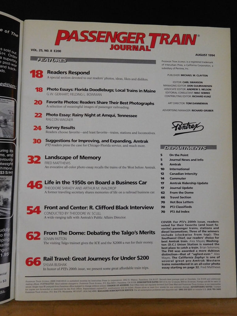 Passenger Train Journal #200 1994 August Special Issue Photo essays ...