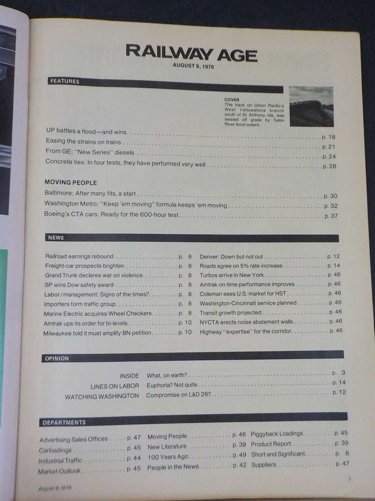 Railway Age 1976 August 9 UP Battles a flood WMATA GE new series diese ...