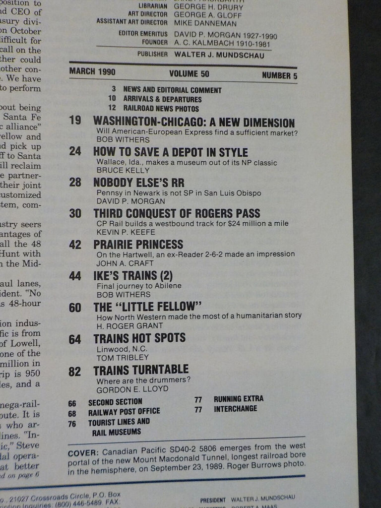 Trains Magazine 1990 March CPs new line at Rogers Pass Eisenhower Fune ...