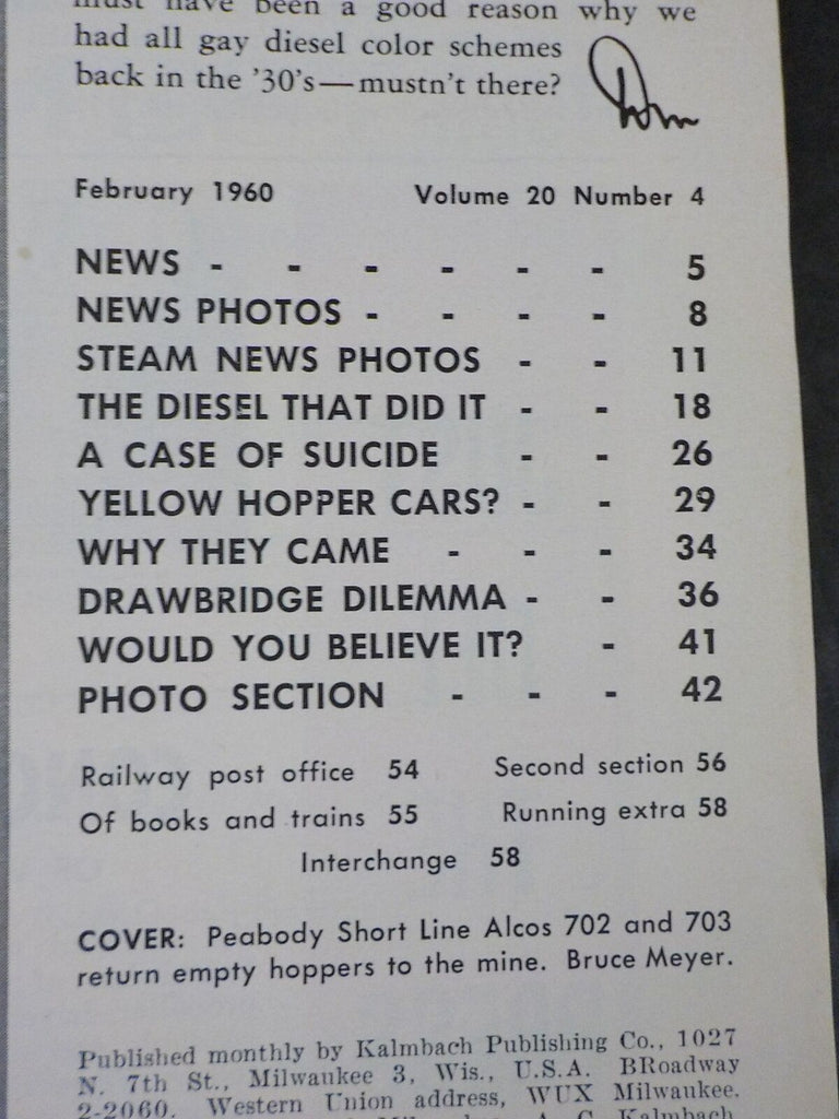 Trains Magazine 1960 February Yellow hopper cars Drawbridge dilemma ...