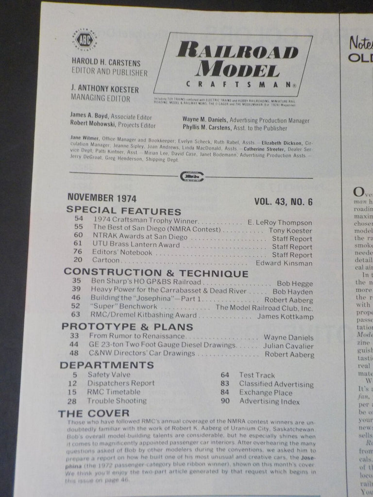Railroad Model Craftsman Magazine 1974 November Building the Josephina ...