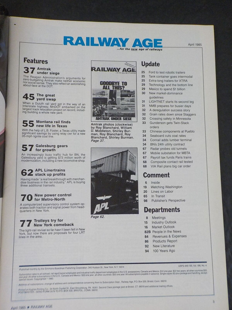 Railway Age 1985 April Amtrak under siege Double stack trains economic ...
