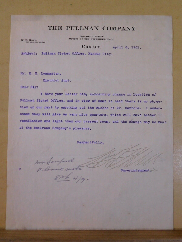 Pullman Company Document Letter Office of the Superintendent 1901 Chic ...