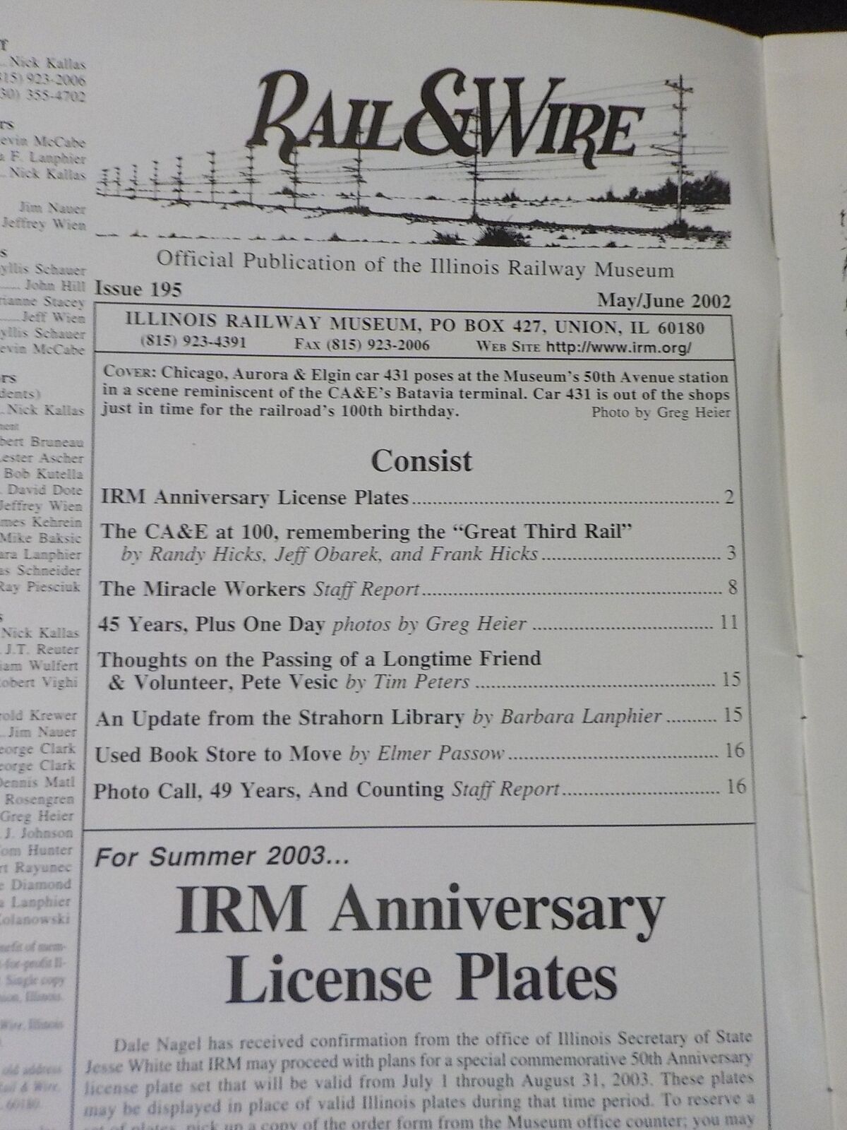 Rail & Wire #195 May/June 2002 Illinois Railway Museum – RailroadTreasures