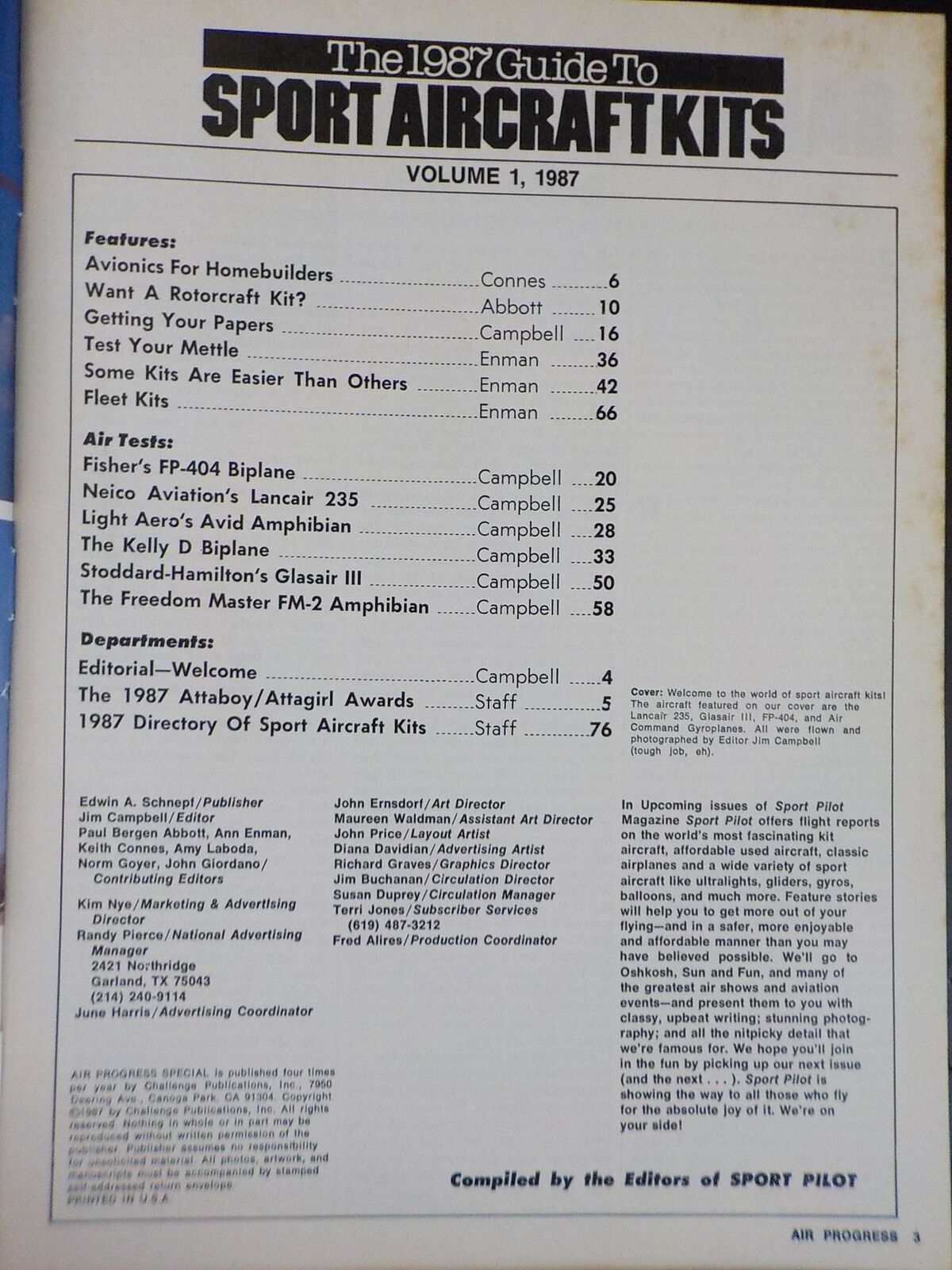 Sport Aircraft Kits, 1987 guide to Avid Amphibian Freedom master FM-2 ...