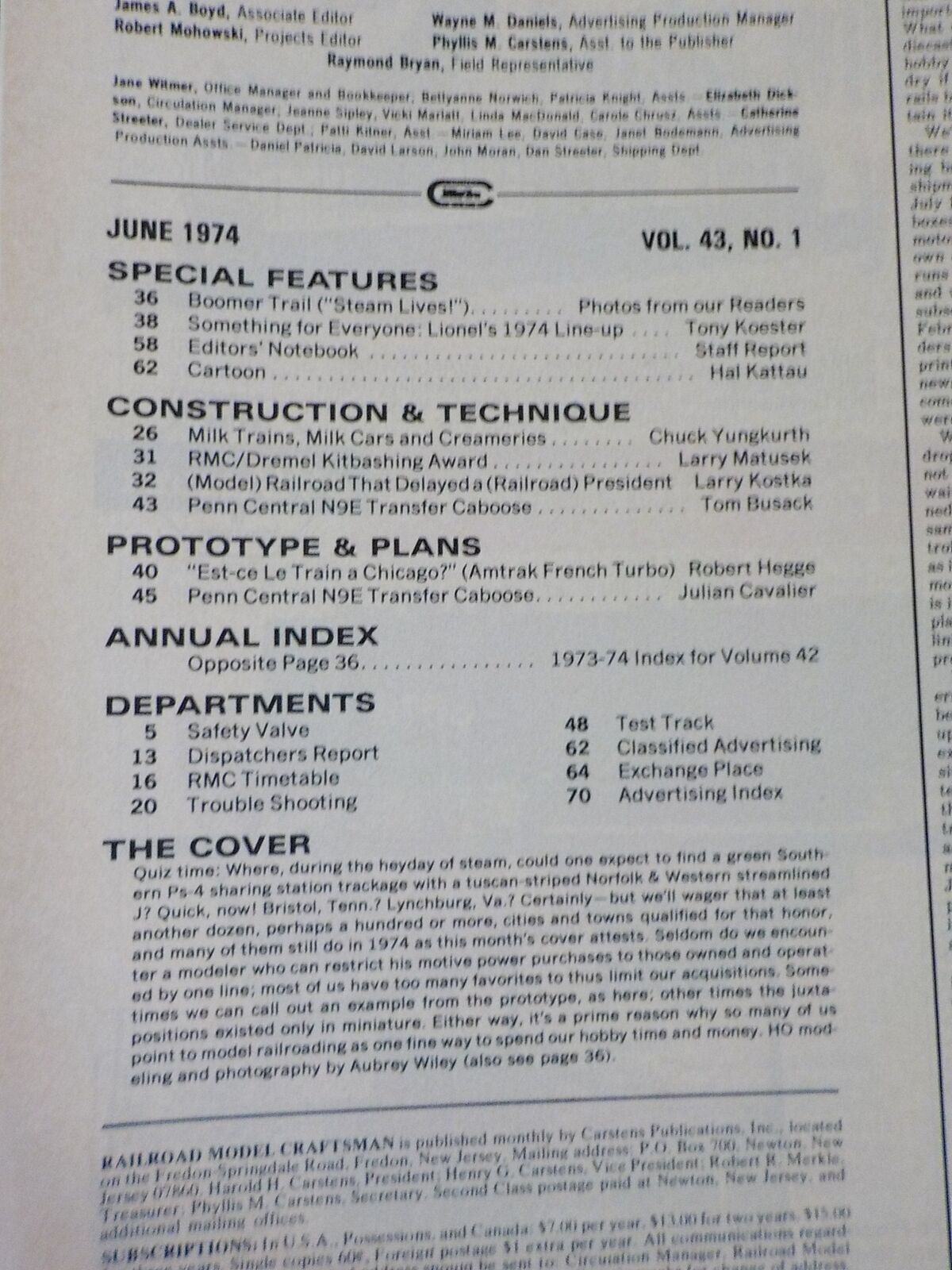 Railroad Model Craftsman Magazine 1974 June Amtrak French turbos INDEX ...