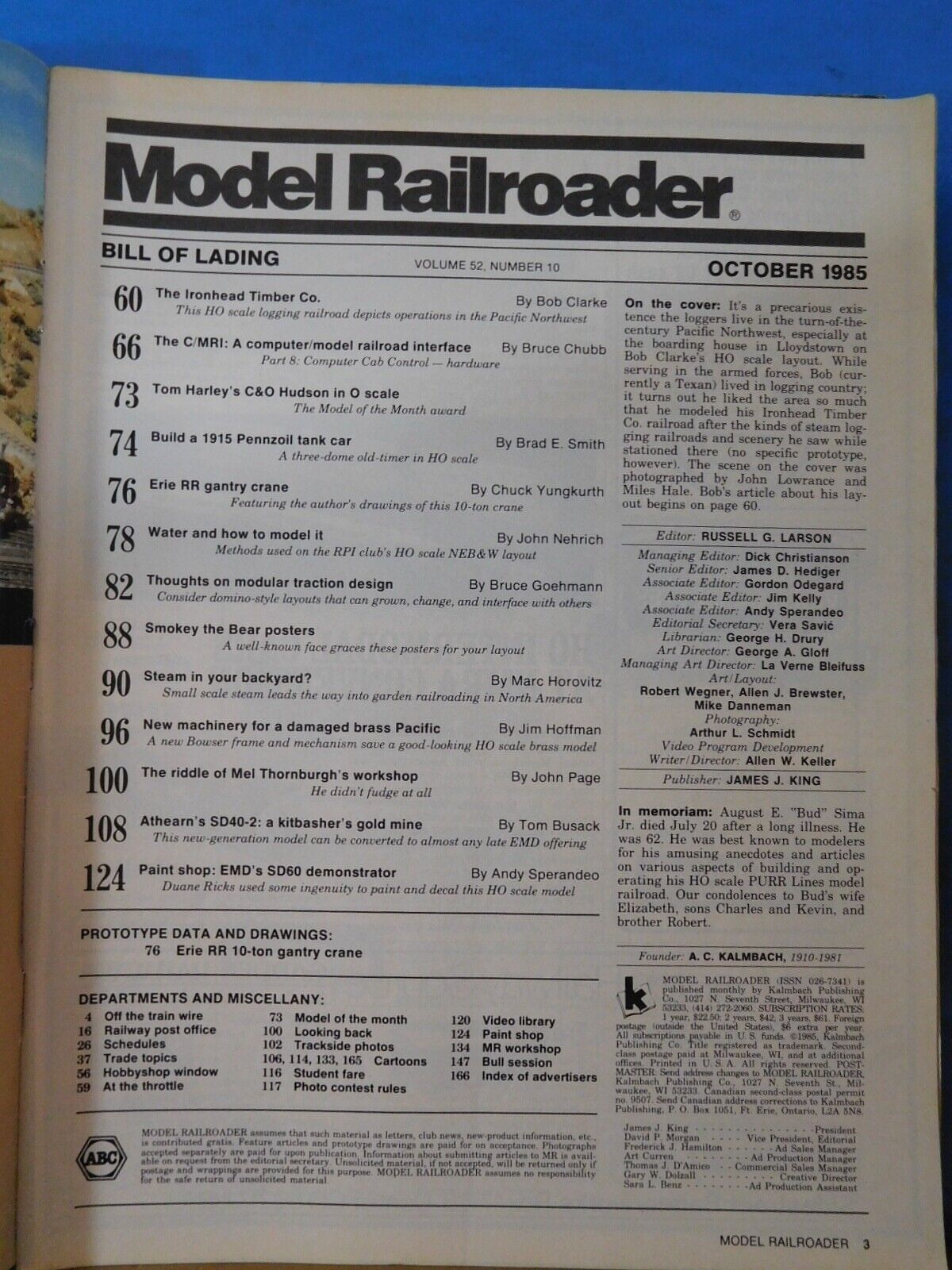 Model Railroader Magazine 1985 October Ironhead Timber Co Small scale ...