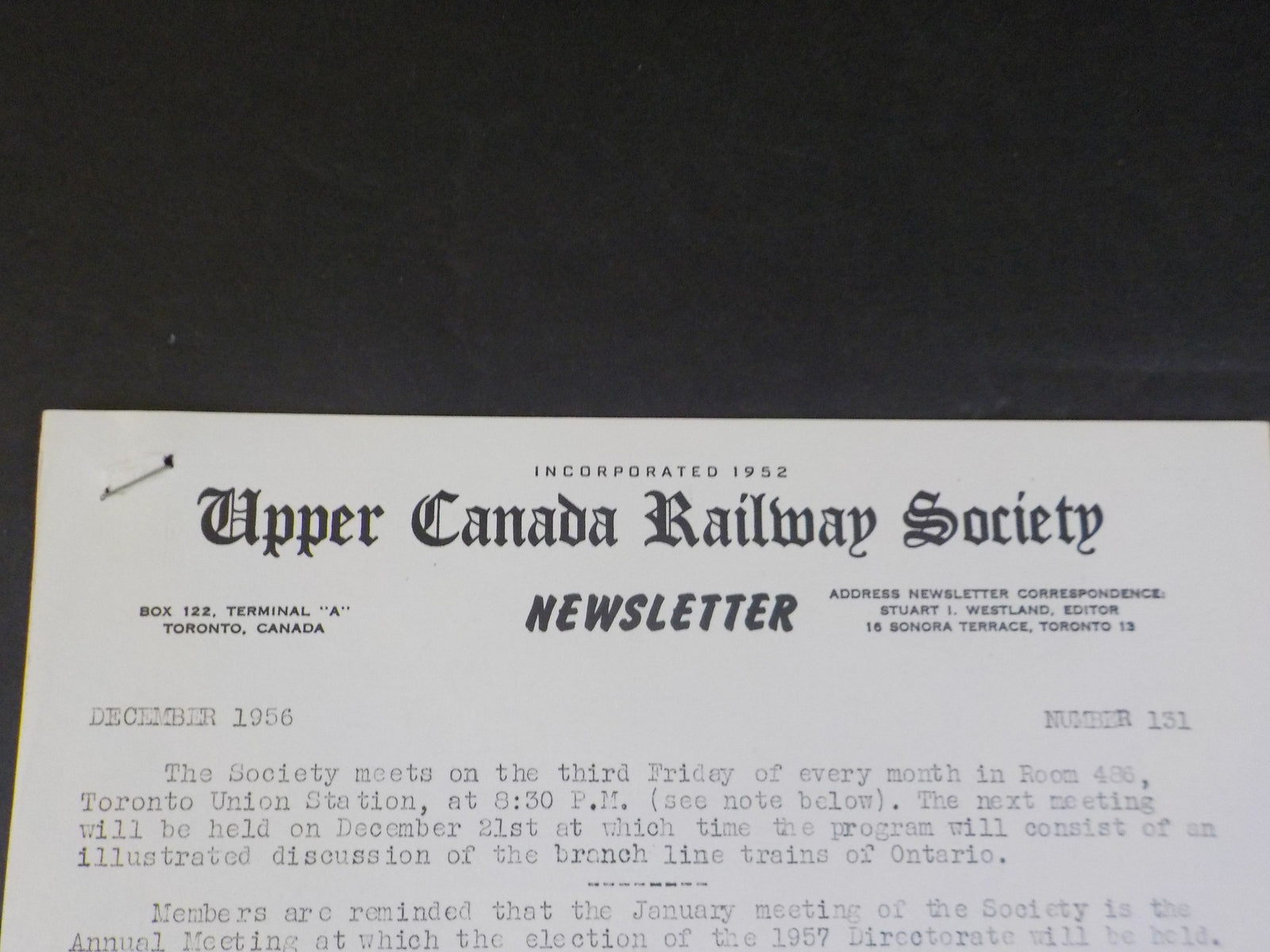 Upper Canada Railway Society Newsletter #131 December 1956 TTC Queen S ...