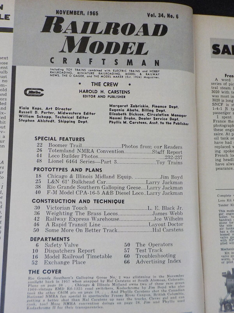 Railroad Model Craftsman Magazine 1965 November RGS Galloping Goose #2 ...