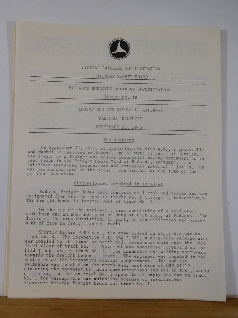 Railroad EMPLOYEE Accident Investigation Report #38 Louisville and Nas ...