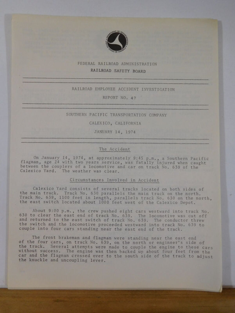 Railroad EMPLOYEE Accident Investigation Report #47 Southern Pacific T ...