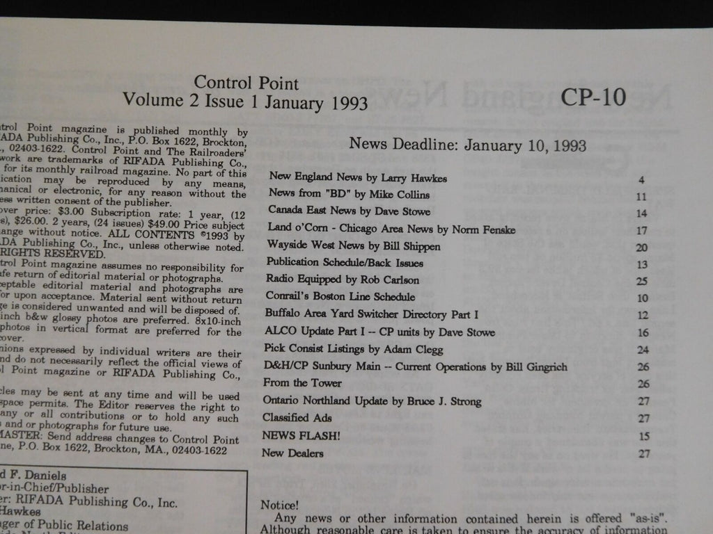 Control Point CP-10 January 1993 Radio equipped Conrail Boston Schedul ...