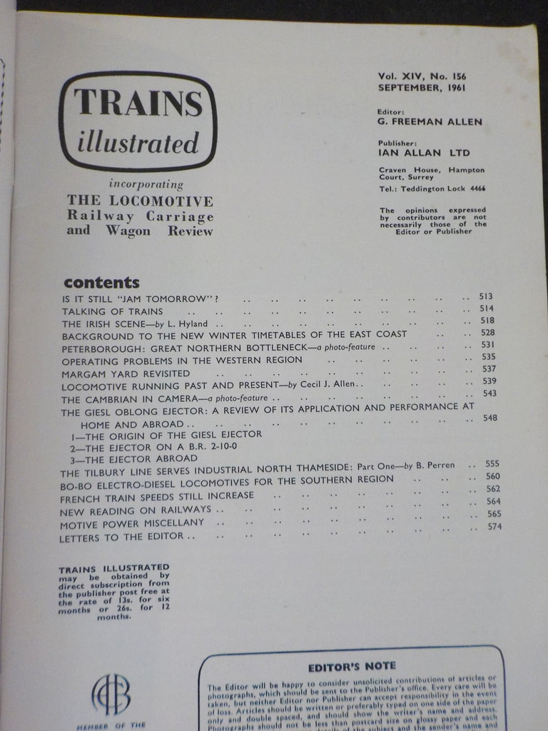 Trains Illustrated #156 Vol XIV 1961 September Peterborough Great nort ...